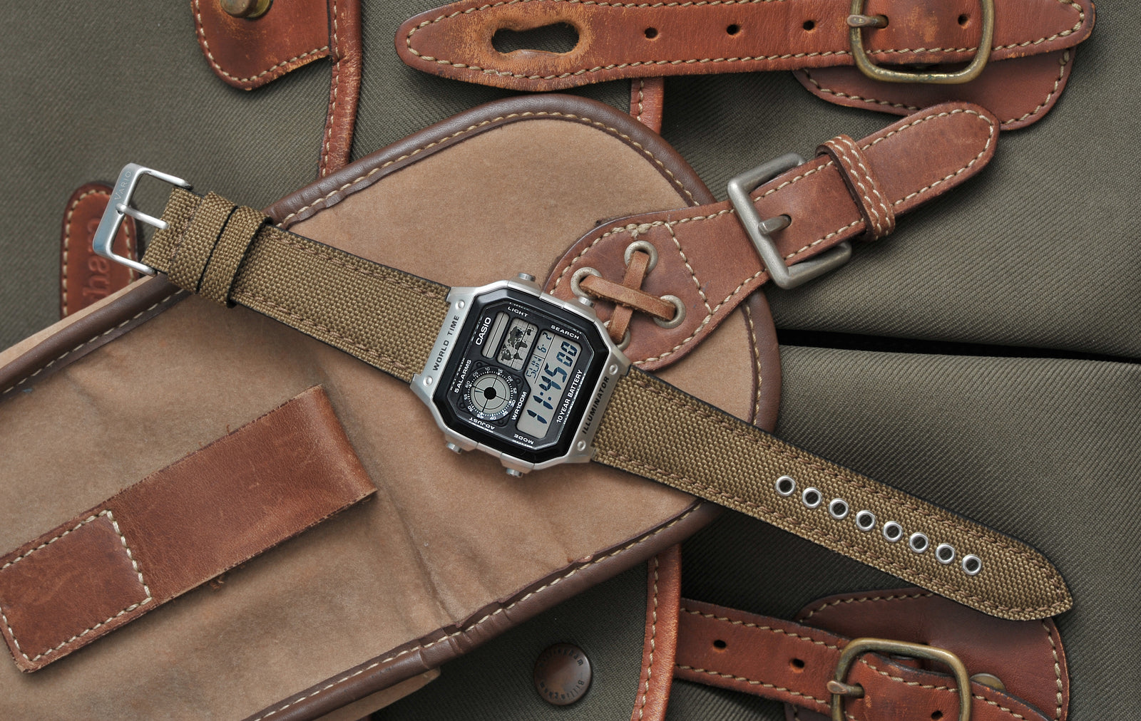 Cordura Khaki Brown Watch Strap for Casio® AE1200WH World Time Watch