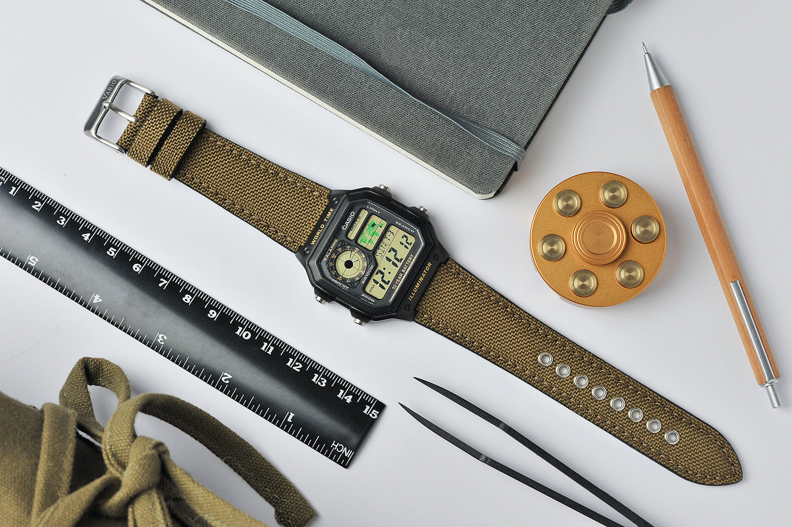 Cordura Khaki Brown Watch Strap for Casio® AE1200WH World Time Watch