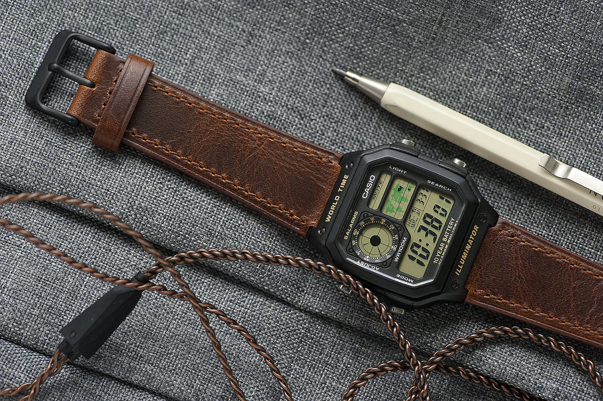 Oiled Leather Cinnamon Brown Watch Strap for Casio AE1200WH World Time