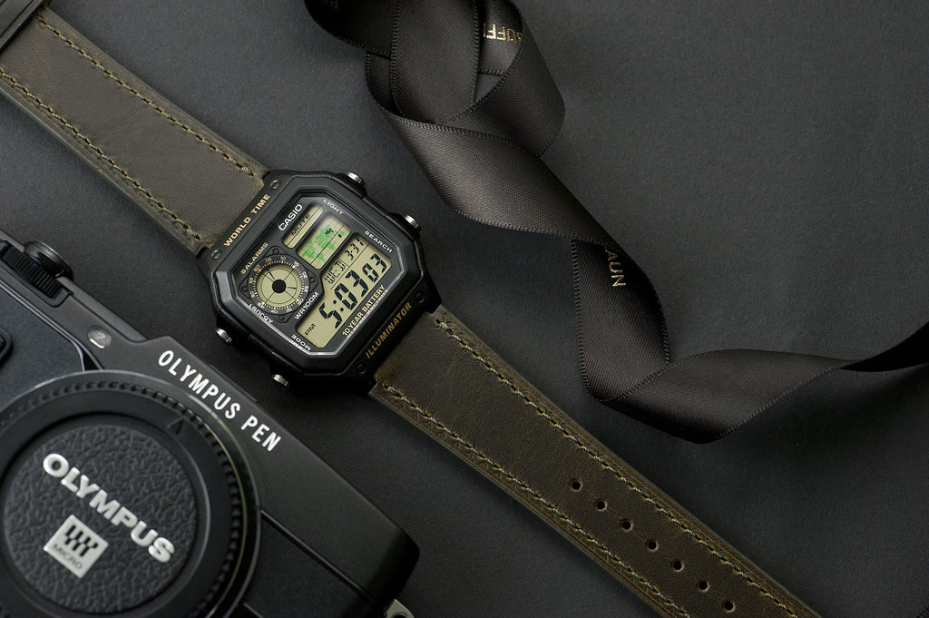 Oiled Leather Moss Green Watch Strap for Casio AE1200WH World Time Wat