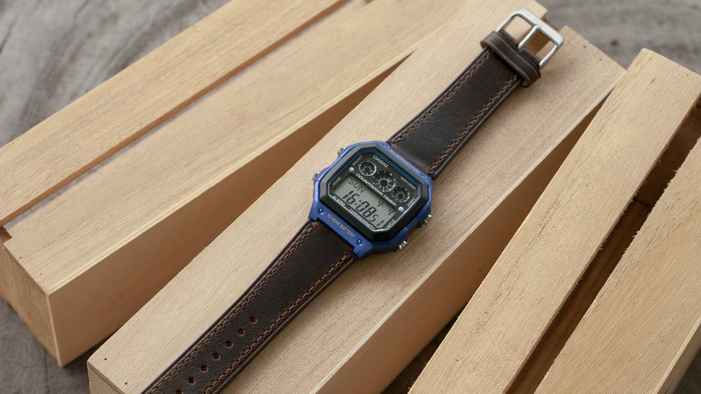 Oiled Leather Pecan Brown Watch Strap for Casio AE1200WH World Time Wa