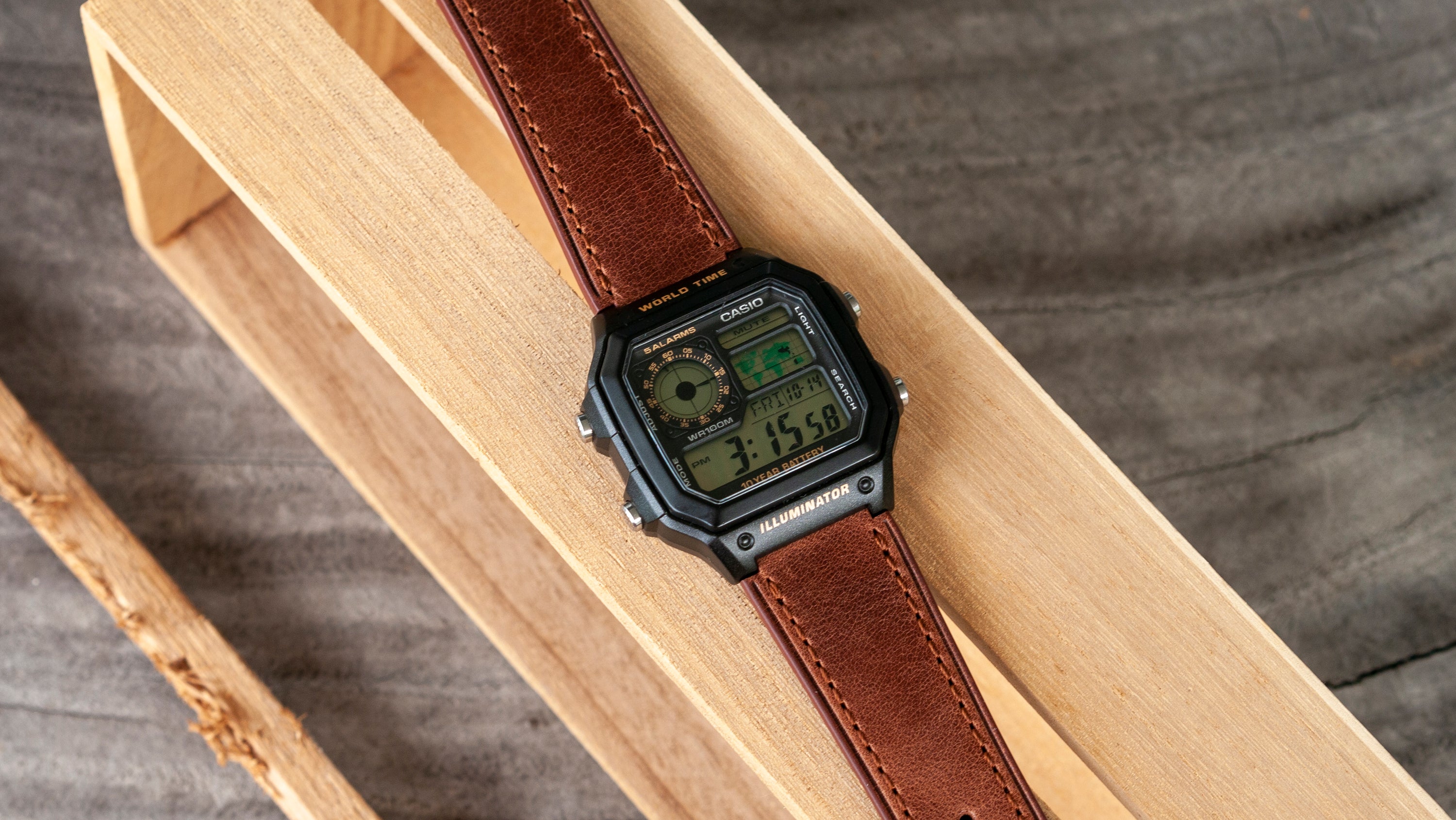 Oiled Leather Russet Brown Watch Strap for Casio AE1200WH World Time W